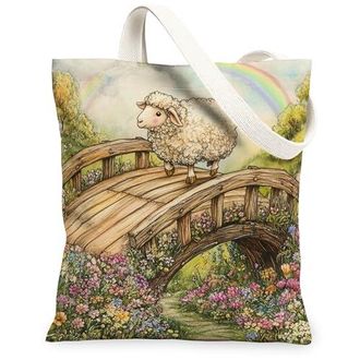 Generic Sac fourre-tout en toile de mouton printanier pour le shopping, 33 x 38,1 cm, sac d&eacute;picerie r&eacute;utilisable pour femme, motif floral, paysage, plage, est