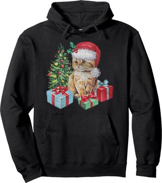 Trendy Apparel Christmas Kitten Santa Hat Holiday Tree Gifts Pullover Hoodie