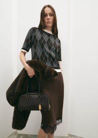 Mango Jupe satin&eacute;e dentelle marron - Femme - XS - MANGO