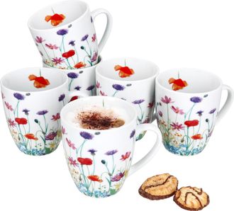 MamboCat Marie 6er Set Kaffeebecher I 320 ml I Porzellan-Becher mit Henkel & Blumenwiese f&uuml;r 6 Personen I Tassen f&uuml;r Hei&szlig;getr&auml;nke wie Tee, Kakao & Co