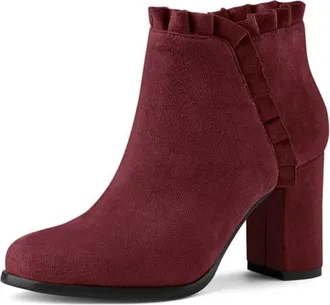 Allegra K Femme Bottines Talon Bloc Volants Bourgogne 37