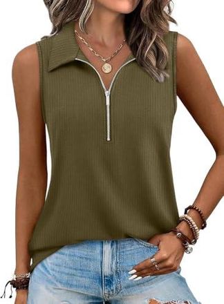 Onsoyours Débardeur Femme Sexy Col en V Revers Fermeture Éclair Tshirt sans Manches Blouse DÉté Gilet Tops Slim Shirt Haut Casual Chic Pull Blouse 01 Armée Vert