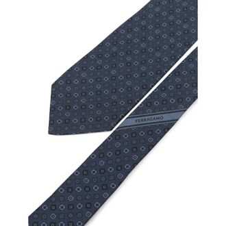 Ferragamo Silk Geometric Jacquard Necktie - Navy