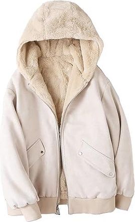 Generic Veste &agrave; capuche r&eacute;versible 2026 pour femme avec couleur unie et polaire &eacute;paisse manteau chaud dhiver, beige, XS