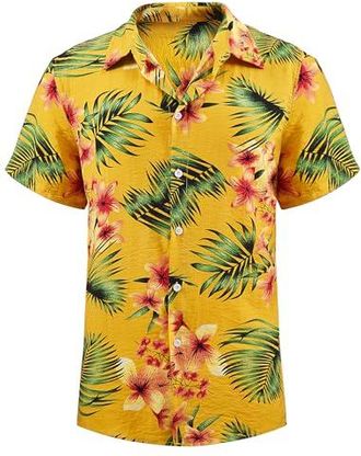 Heekpek Chemise Hawaienne Homme Manches Courtes Funky Hawaïenne Chemises Ete Fleur Aloha Imprimé Plage Casual, Feuille Jaune, XXL