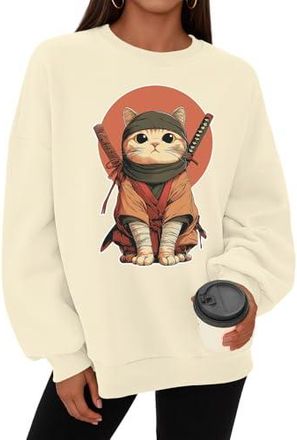 Generic Sweat-shirt surdimensionn&eacute; pour femme | Chandail surdimensionn&eacute; &agrave; col rond imprim&eacute; chat japonais, pull tendance, Couleur cr&egrave;me., XL