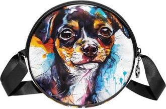 Generic Sac &agrave; bandouli&egrave;re rond rond pour femme, motif chiot graffiti, aquarelle, avec fermeture &eacute;clair, bretelles r&eacute;glables