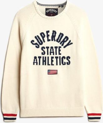 Superdry Pull ample &agrave; inscription en maille jacquard intarsia - Blanc cass&eacute;