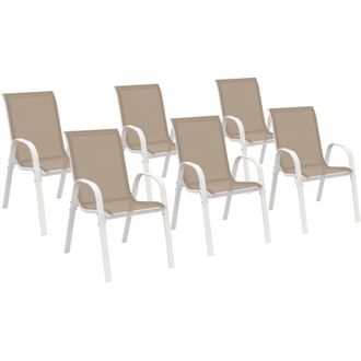 IDMarket Idmarket - Lot de 6 chaises de jardin lyma m&eacute;tal et textil&egrave;ne empilables blanc et beige