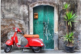 Feeby Frames Feeby, Leinwandbild, Bilder, Wand Bild, Wandbilder, Kunstdruck 80x120cm, TOSKANA, Motorroller, ROT, GRAU, GRÜN