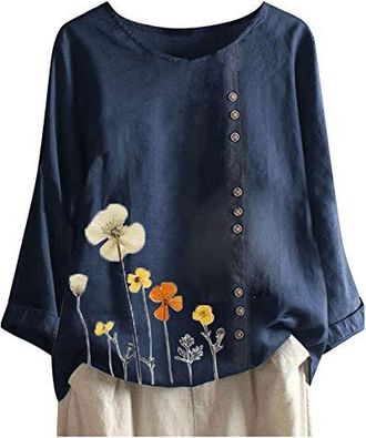 Generic Chemise en lin blanc &agrave; manches longues pour femmes - Haut &agrave; col rond pour femme - Haut boutonn&eacute; grande taille - Tunique &agrave; imprim&eacute; floral - Pull &agrave; &eacute;pau