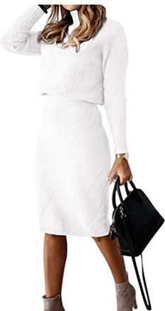 Minetom Robe en Tricot Femme 2 Pièces Ensembles Uni Manches Longues Pullover Haut et Jupe Tricoté Pull à Col Roulé Robe Tricotée A Blanc L