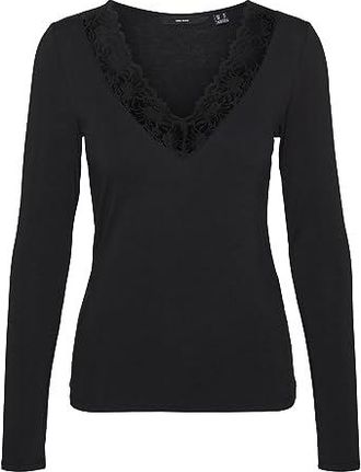 Vero Moda Blouse Slim fit col en V d&eacute;tail en Dentelle Basique Manches Longues, Couleurs:Noir, Taille:XL