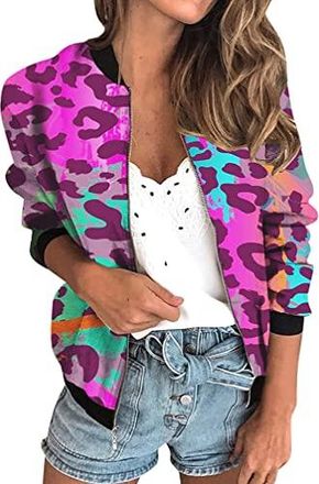 Minetom Veste Femme Motard Blouson Printemps Été Léger Bomber Blouson Outwear Zippé Imprimé Floral Court Jacket C Rose Vif M
