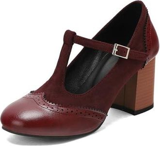 Generic Mary Janes Chaussures d&eacute;contract&eacute;es pour femme avec sangle en T et talons mi-hauts Style vintage, rouge vin, 38.5 EU