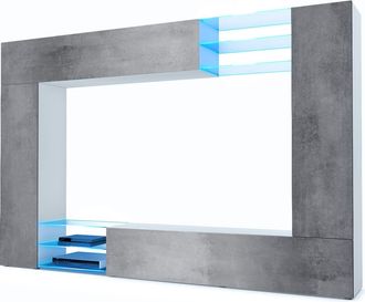 Vladon Wohnwand Mirage, Made in Germany, Anbauwand mit Rückwand mit 2 Türen, 2 Klappen und 6 offenen Glasablagen, Weiß matt/Beton Dunkel Optik, inkl. LED-Bel