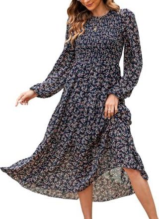 Cupshe Robe en mousseline de soie &agrave; col rond &agrave; manches longues et taille smock&eacute;e tiss&eacute;e &agrave; volants - Robe longue d&eacute;contract&eacute;e &agrave; imprim&eacute; floral, Bleu marine., 