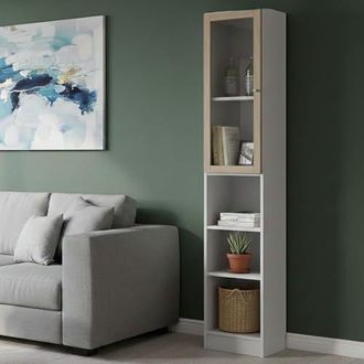 Dmora B&uuml;cherregal Alberte, B&uuml;roregal, Mobiler Buchhalter, B&uuml;cherbrett, 41x28 h203 cm, Wei&szlig; und Eiche