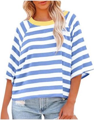 Generic T-shirt à manches 3/4 pour femme - Col bateau - Coupe ample - Tricot rayé au crochet - Chemises dété et dautomne 2024, T-348 Bleu roi, XL