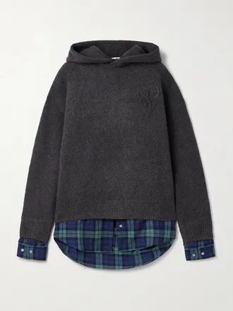 Acne Studios Pull À Capuche En Mailles Et En Flanelle De Coton À Carreaux À Superposition - Gris