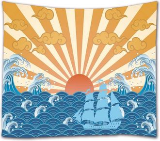 A.Monamour Wandteppich Aquarell Japanische Ozean Welle Rote Sonne Segelboot Tuch Kunstdruck Tapisserie Wandbehang Wanddeko Vorhang Tischdecke Tagesdecke Picknick