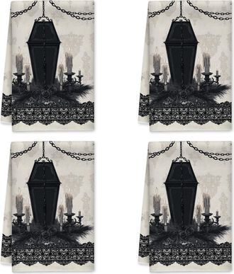 Generic Sarg-K&uuml;chent&uuml;cher, 4er-Set, Gothic-Stil, Vintage-Kerzen, Rosen, schwarze Mikrofaser-Geschirrt&uuml;cher f&uuml;r K&uuml;che, Heimdekoration, 40,6 x 61 cm (4 St&uuml;ck)