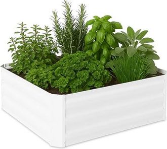 Relaxdays Hochbeet, verzinktes Metall, für Blumen, Pflanzen & Gemüse, HxBxT: 30x90x90 cm, eckiges Pflanzenbeet, weiß