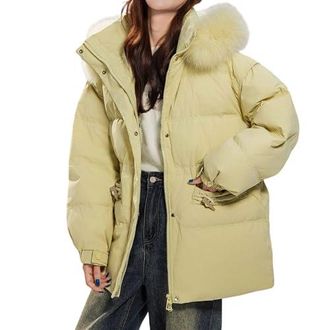 Generic Doudoune dhiver matelass&eacute;e pour femme - Manteau de neige chaud avec capuche amovible en fausse fourrure - V&ecirc;tement dext&eacute;rieur mignon, jaune, XXL