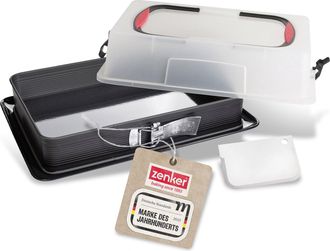 Zenker Rechteck-Springform mit Haube DELUXE, Kuchentransportbox mit Emaille-Boden, Backblech mit Deckel (Farbe: Schwarz/Transparent/Rot), Menge: 1 Stück