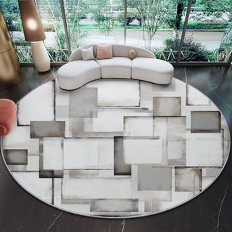 Generic Tapis Rond Salon 100 cm, Gris Blanc Lavable Antid&eacute;rapant Tapis, Moderne Abstrait Rectangle g&eacute;om&eacute;trique Imprim&eacute; Carpette Convient pour la Chambre la Sa