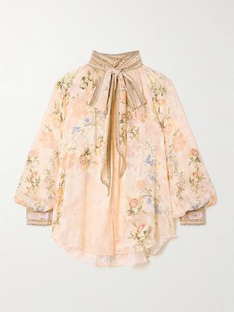Camilla Blouse En Jacquard De Soie M&eacute;lang&eacute;e &Agrave; Imprim&eacute; Fleuri, Noeud Lavalli&egrave;re Et Cristaux - Cr&egrave;me