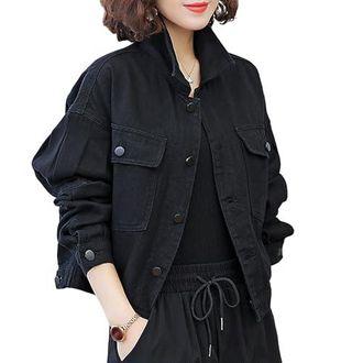 Generic Vestes surdimensionn&eacute;es en jean &agrave; manches longues pour femme, veste en jean, veste d&eacute;contract&eacute;e pour femme, tendance, Noir, 3XL