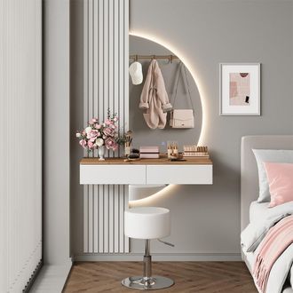 Vicco Schminktisch Melina, Weiß/Eiche, 100 cm mit LED-Spiegel und Hocker