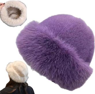 Generic Womens Winter Faux Fur Bucket Hat,Fluffy Furry Warm Hat,Soft Plush Fisherman Cap,Cozy Thickened Mongolian Hats for Outdoor (Purple)