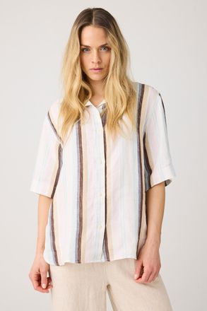 Knowledge Cotton Apparel Damen vegan Shirt Kurzarm Leinen Multicolor Stripe