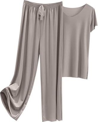 Generic Ensemble pyjama &agrave; manches courtes pour femme - Pantalon long en coton - V&ecirc;tement de nuit &agrave; manches courtes - Haut douillet - Grandes tailles - Chemise
