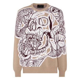 Philipp Plein Homme, Pulls, Beige, Taille: XS Pullover Round Neck Skull