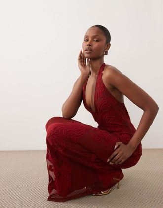 Asos Robe longue dos nu de qualit&eacute; sup&eacute;rieure &agrave; broderies appliqu&eacute;es - Rouge