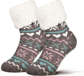 Piarini 1 Paar Kuschelsocken ABS Sohle warme Damen Socken Hüttensocken Wintersocken Anti Rutsch Noppen Love-Grau (One-Size)