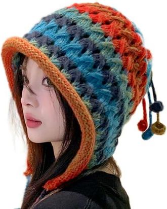 Generic Bonnet dhiver pour femme, chapeau de p&ecirc;cheur au crochet - Bonnet dhiver avec bonnet au crochet r&eacute;tro - Bonnet chaud tricot&eacute; color&eacute;, bonnet dhiver fabr