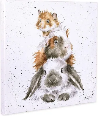 Wrendale Designs Piggy in The Middle Hamster, Meerschweinchen und Kaninchen Druck auf Leinwand mit weißem Quadrat 20 Zentimeter