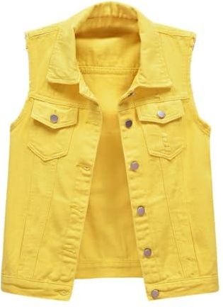Generic Gilet en jean multicolore pour femme court printemps et été mince en toile de jute sans manches épaules trous cassés gilet veste mousse maison, jaune,