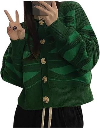 Generic Vestes pour femmes 2026 design haut de gamme col rond imprim&eacute; contrast&eacute; automne et hiver pull tendance veste cor&eacute;enne tricot court mince, Vert, Taille