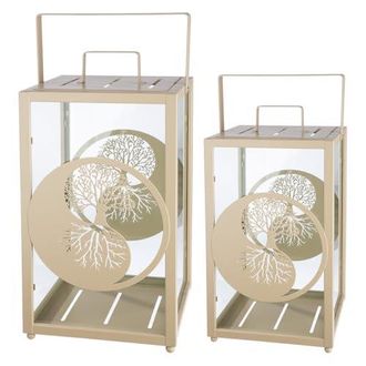 Gilde 2er Set Laterne Balance aus Glas und Metall - H&ouml;he 48cm x Breite 25cm - rechteckig - matt beige - Baummotiv - Yin & Yang