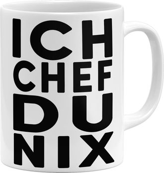 OM3 Ich Chef Du Nix Kaffee-Tasse mit Spruch - Lustige Statement Keramiktasse für Büro & Alltag - Keramik Becher - 325ml - Beidseitig Bedruckt - Weiss