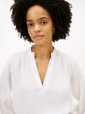 Tommy Hilfiger Langarmbluse ESSENTIAL LINEN V-NECK LONGSLEEVE BLOUSE mit gerafften Schultern, Relaxed Fit