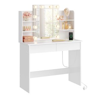 Woltu Schminktisch mit Beleuchtung LED und Steckdosen, USB-A/USB-C, Schminktisch mit Spiegel, 2 Schubladen & 4 Ablagen, Moderner Frisiertisch f&uuml;r Schlafzimm