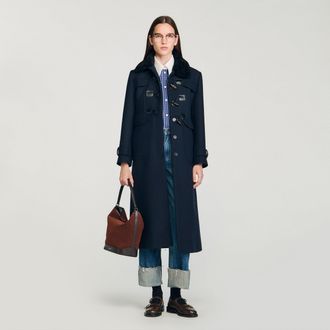 Sandro Langer Mantel mit Velourskragen