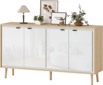 HOMCOM Hochglanz Buffet mit 4 T&uuml;ren, verstellbaren Einlegeb&ouml;den und Holzf&uuml;&szlig;en, Aufbewahrungsm&ouml;bel im modernen Stil, K&uuml;che, Wohn- und Esszimmer, 141 x 35 x 77