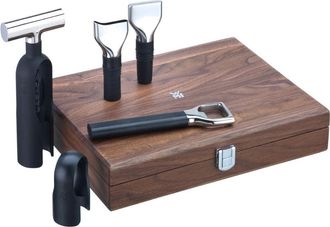 WMF Baric Wein Sommelier Set 5-teilig, Wein Zubehör, Korkenzieher, Folienschneider, Flaschenverschluss, Weinausgießer, Flaschenöffner, in Walnussholzbox, 